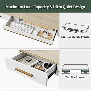 FEZIBO Mid Century Modern Electric Standing Desk with 3 Drawers, 48 x 26 Inches Whole Piece Sit Stand Up Home Office Desk, White Top with White Frame (2 Packages)