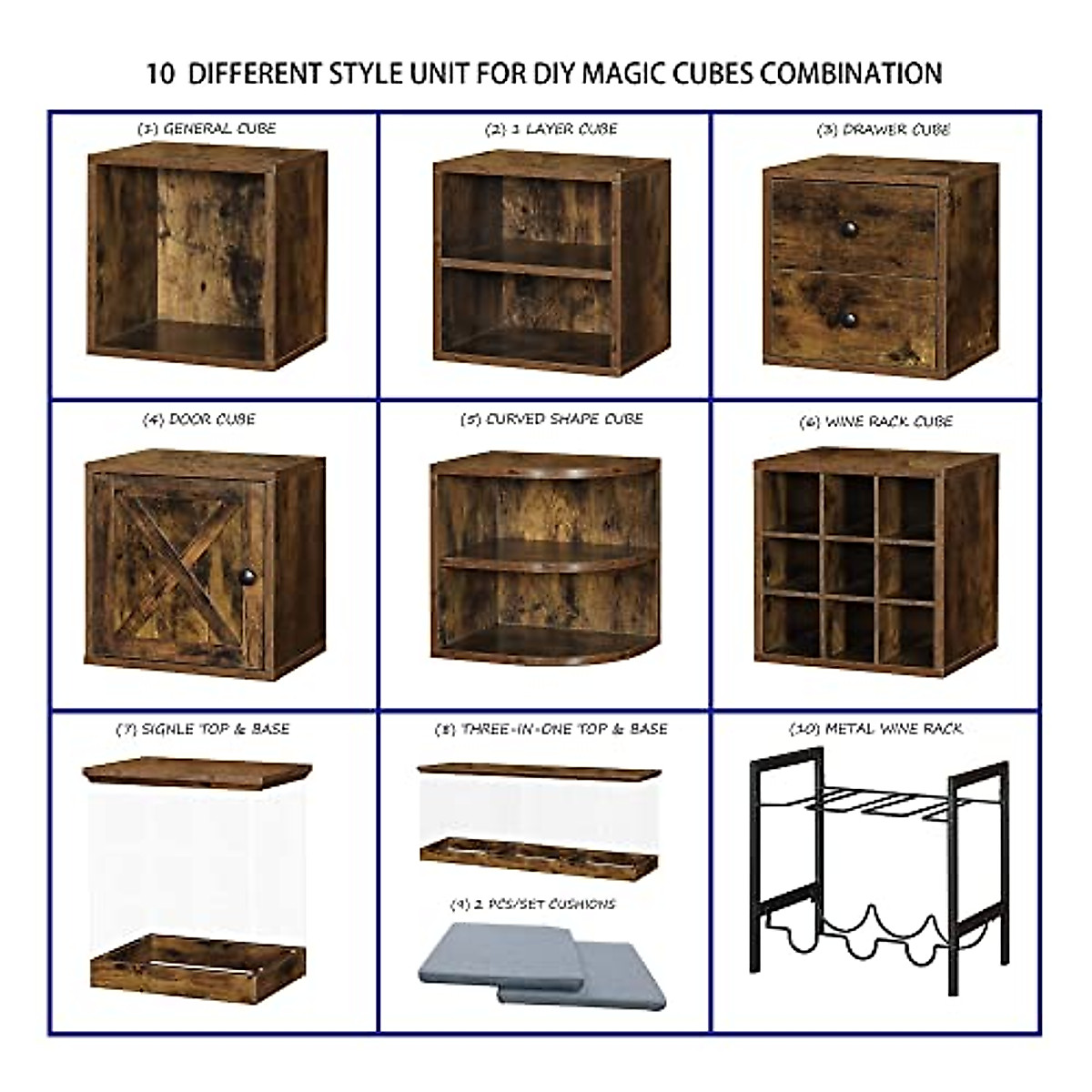 FUSUNBAO Magic DIY Cube Storage Organizer Stackable Cubles for Corner Bookshelf -Home Books Clothes Toy -Modular Cubby Storage System -Office Cubical -Bookcase (Antique Brown, Curved Shape Cube)