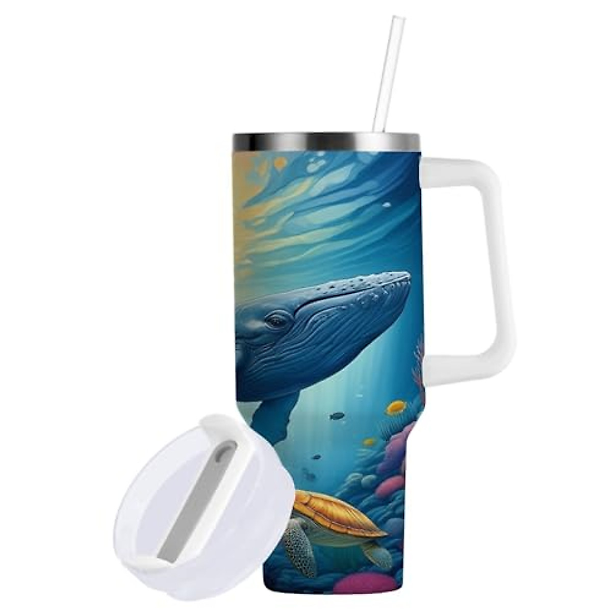 RPLIFE Underwater Scene Blue 40oz Tumbler with Handle, Stainless Steel Cups with Lid, Travel Coffee Tumbler