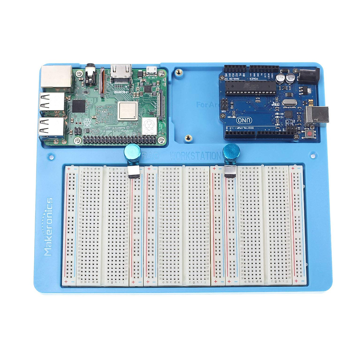 Makeronics 7 in 1 Blue Breadboard Holder Raspberry Pi 4 Holder + 1200 Breadboard+Electronics Fun Kit|Power Supply Module| Precision Potentiometer and More for Prototyping Circuit/Arduino/Raspberry Pi