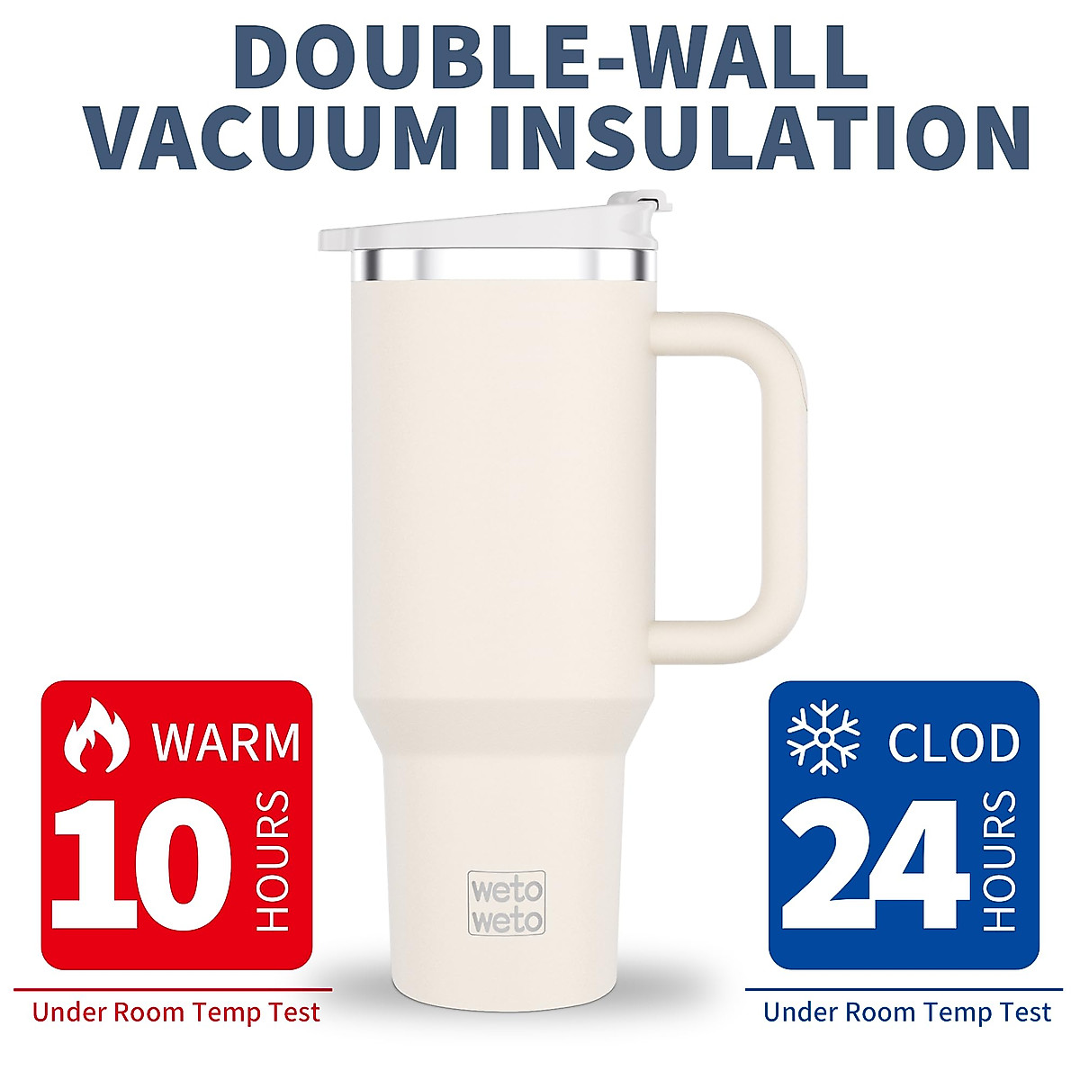 WETOWETO 40oz Tumbler with Handle | Insulated Stainless Steel Travel Mug | 34Hrs Cold & 10Hrs Hot Retention | 100% Leakproof Lid & Straw | Dishwasher Safe + Car Cup Holder Fit (Cream Color)