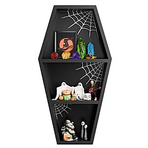 Beskadi Goth Coffin bookshelf 24 inches with Spider Web, Wooden Tall Coffin Shelf Stand Gothic Decor, Crystal Shelf for Display, Black Spooky Curio Shelf for Home Decor, Witchy Room Decor for Oddities