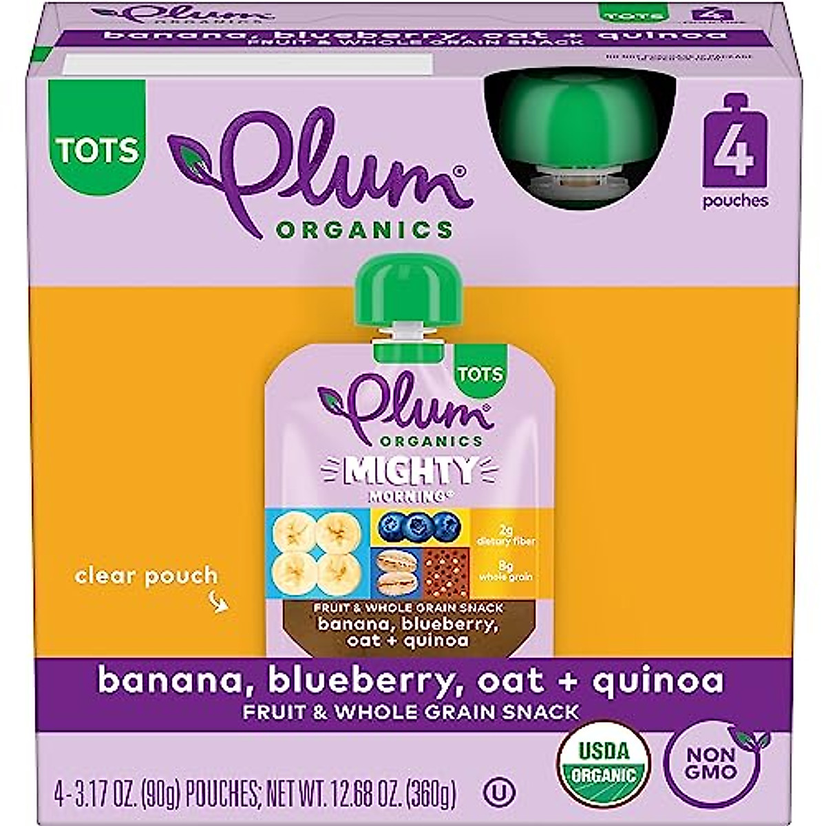 Plum Organics Mighty Morning Organic Toddler Food - Banana, Blueberry, Oat, and Quinoa - 3.17 oz Pouch (Pack of 24) - Organic Fruit and Whole Grain Toddler Food Pouch