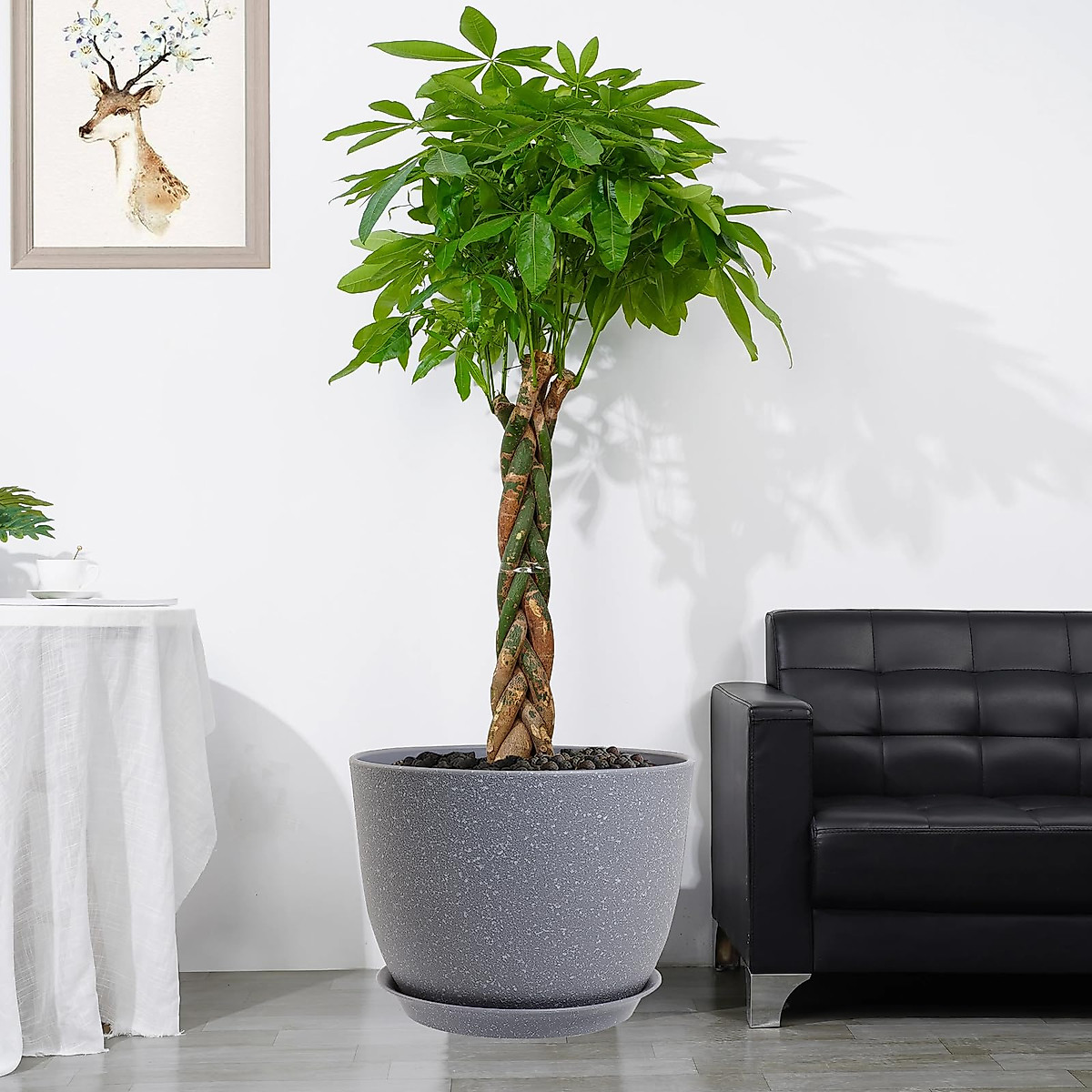 UOUZ 12inch Large Plant Pot, Modern Plastic Planter with High Driange Holes and Saucer for Indoor Outdoor Garden Plants and Flowers, Grey Speckles