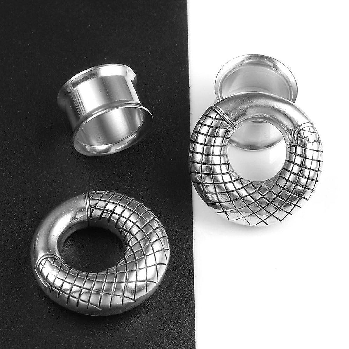 LADEMAYH 2 Pairs Set Stainless Steel 2g Hoop and 00 Gauges for Women, Silver 00g Plugs Gauges for Ears, Ear Stretching Expander Gauges Body Jewelry