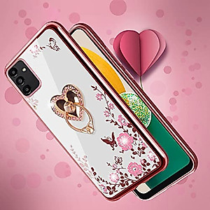 B-wishy for Samsung Galaxy A13 5G/4G/A04S Phone Case, Glitter Butterfly Heart Slim TPU Bling Diamond Rhinestone Cute for Girls Women with Ring Stand+Strap for Galaxy A13 5G/4G/A04S(Rose Gold)