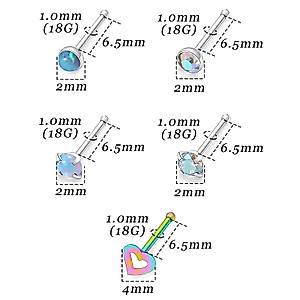 Cisyozi 18G Nose Rings Stud Piercings Jewelry for Women Stainless Surgical Steel Nose Stud 18 Gauge Opal Straight Heart Nose Nostril Ring Stud Pin Bone Piercing Jewelry Women Men Diamond 2MM 7MM