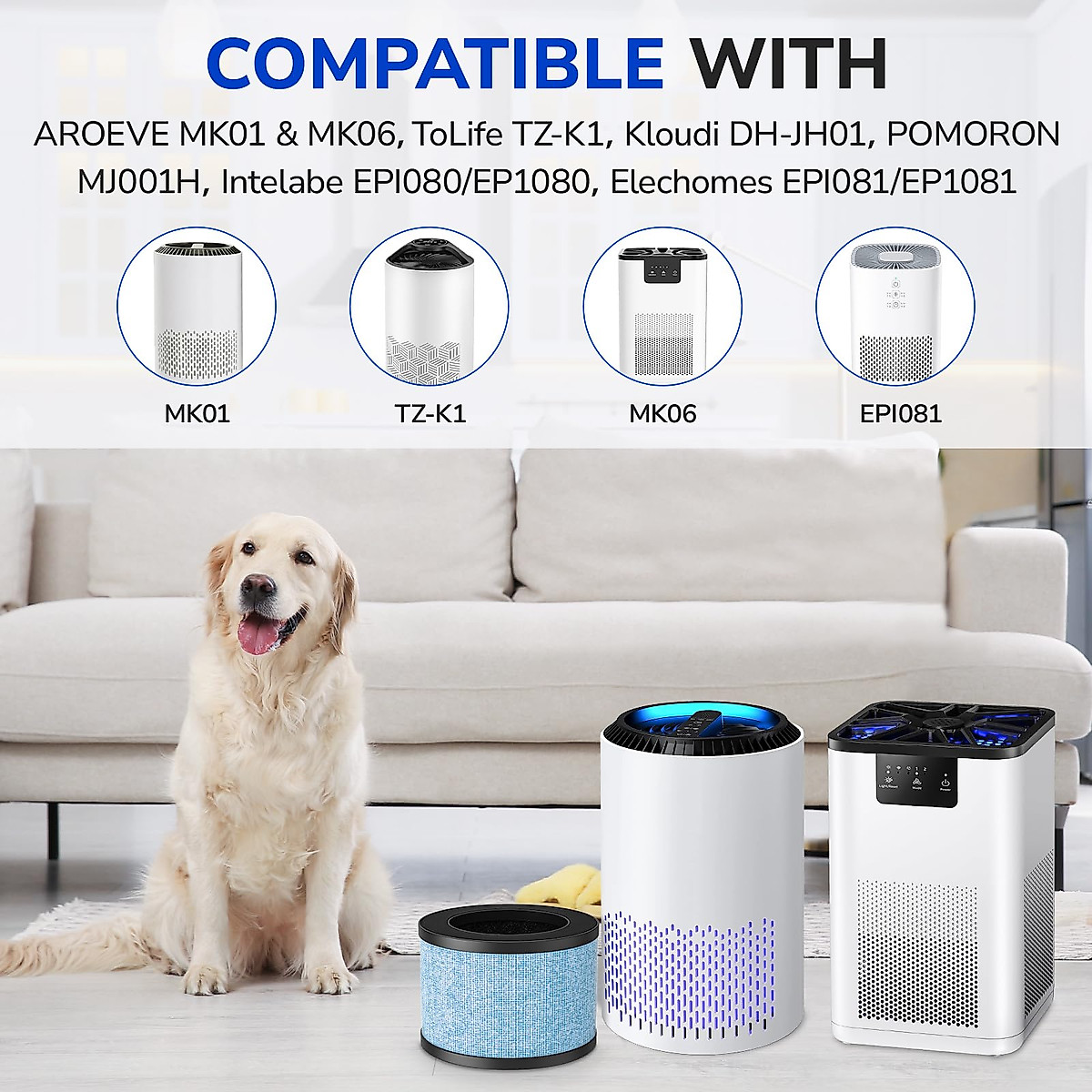 Fil-fresh 2-Pack MK01 & MK06 True HEPA Replacement Filter, Compatible with AROEVE MK01 & MK06, ToLife TZ-K1, Kloudi DH-JH01 Air Purifier, 4-in-1 Air Filter for Smoke, Odor, Pollen, Standard Version
