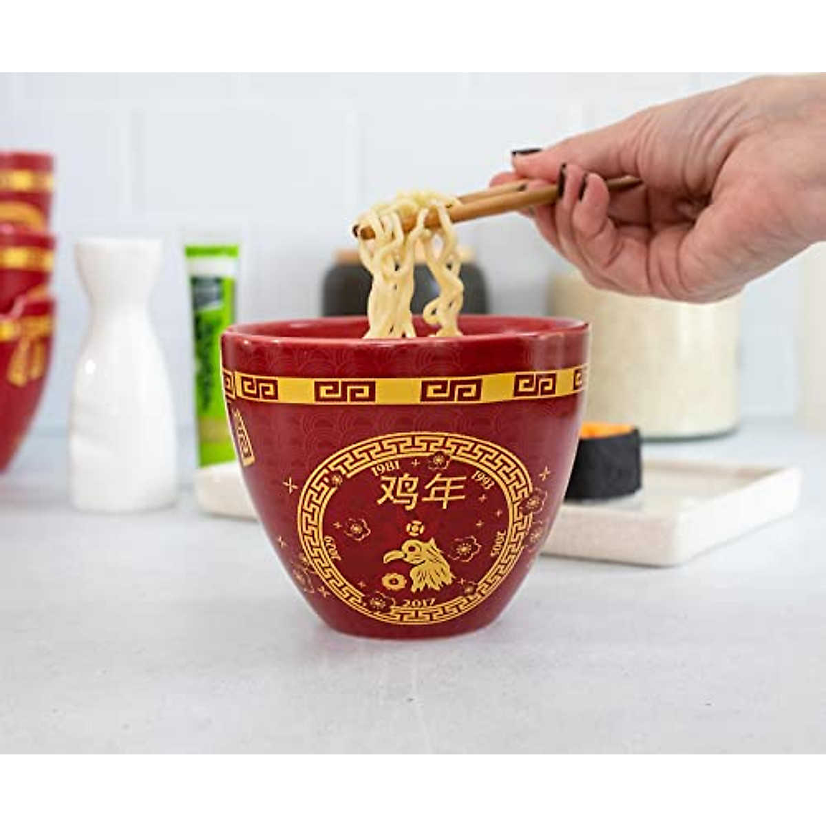 Year Of The Rooster Chinese Zodiac Ceramic Dinnerware Set | Includes 16-Ounce Ramen Noodle Bowl and Wooden Chopsticks | Asian Food Dish Set For Home & Kitchen | Kawaii Lunar New Year Gifts