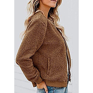 MIROL Women's Sherpa Fleece Jacket Faux Fuzzy Long Sleeve Casual Zip Up Bomber Coat