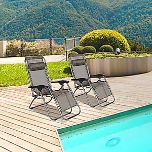 LUCKYERMORE Adjustable Textilene Zero Gravity Chairs Set of 2, Diamond Design Outdoor Folding Reclining Lounge Chair with Pillow, Hold up to 300 LBS, Patio Recliners for Pool Beach, Grey and Brown