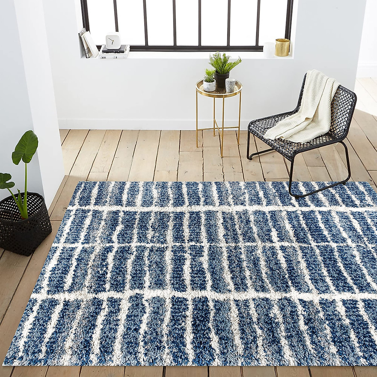JONATHAN Y MBS101B-3 Merida Stacked Grid Shag Indoor Area -Rug Bohemian Modern Glam Easy -Cleaning Bedroom Kitchen Living Room, 3 X 5, Indigo Blue/Ivory