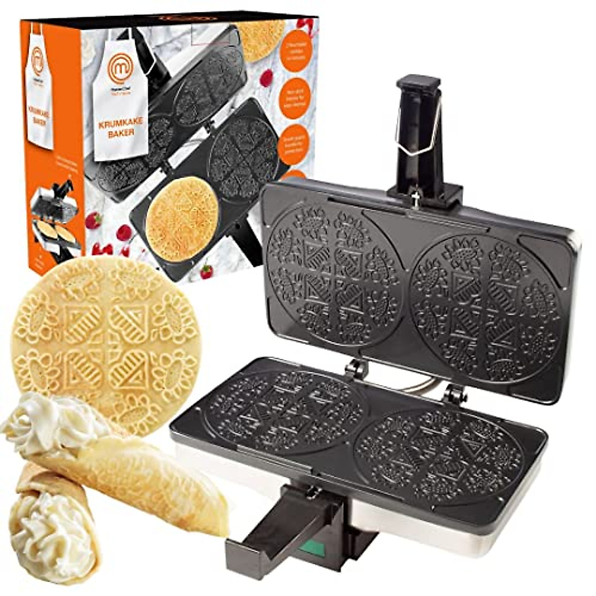 MasterChef Krumkake Baker-Make 2 Homemade Pizzelle Like Cookies, Great for Cannoli Filling & Waffle Cones, Fun Nonstick Electric Iron Press Kitchen Appliance-Home Made Treats