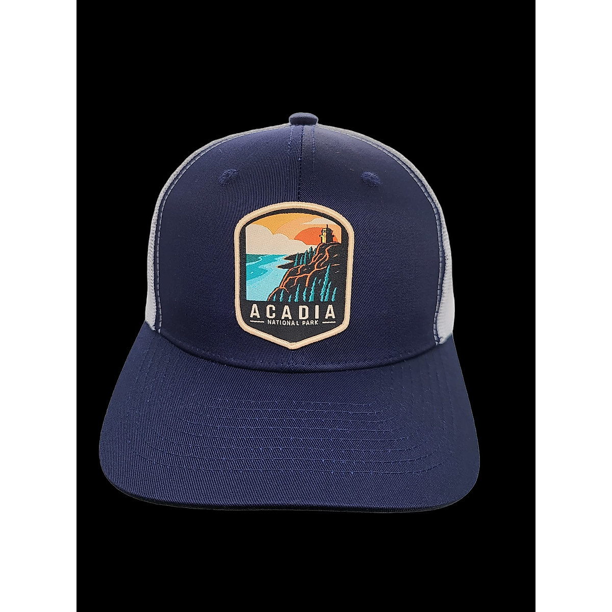 Acadia Trucker Hat with National Park Woven Patch (Navy/White)