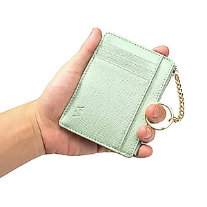 Valentoria Slim RFID Blocking Card Holder Small Pocket Wallet Keychian Zipper Coin Purse Minimalist Leather Cash & Coin & Cards Case for Women Men (Green)
