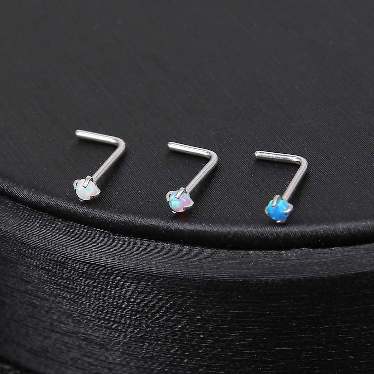 ZS 6 Pieces Opal Nose Studs 20 Gauge Nose Pin Blue Nose Piercing Stud Stainless Steel Nose Stud Retainer L-Shape (6PCS L-shaped Nose Rings)