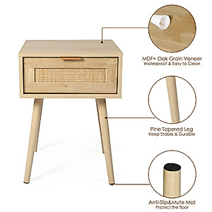 LAZZO Set of 2 Bedroom Nightstands Wooden Night Stands with Rattan Weaving Drawer Home Bedside End Table for Bedroom Storage (Set of 2)