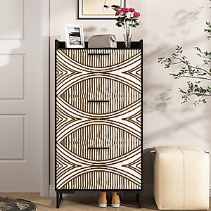 Vibe & Dine Shoe Cabinet with 3 Flip Drawers, Modern Shoe Storage Cabinet with Adjustable Shelves for Entryway Slim, FreeStanding Narrow Shoe Organizer Cabinet with Gold Metal Handle and Legs, Black