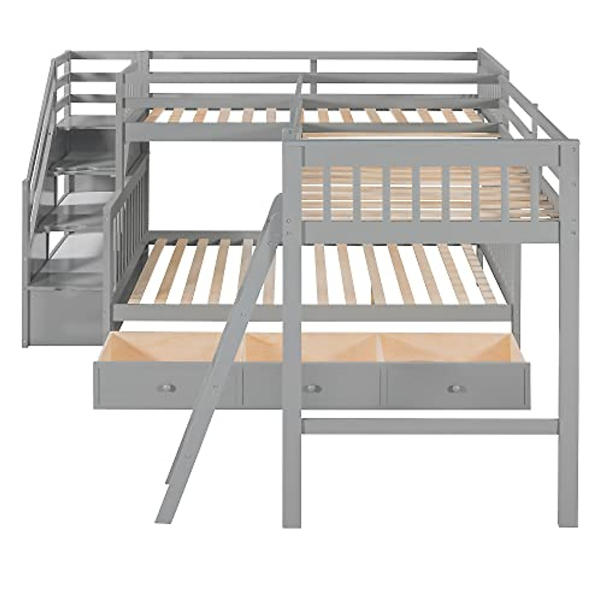 BOVZA Twin Over Full L-Shaped Bunk Bed Corner Loft Bunk Beds with Storage Drawers, Angled Ladder and Stairs, Wood Triple Bunk Bed for 3 Kids Teens Adults, Gray