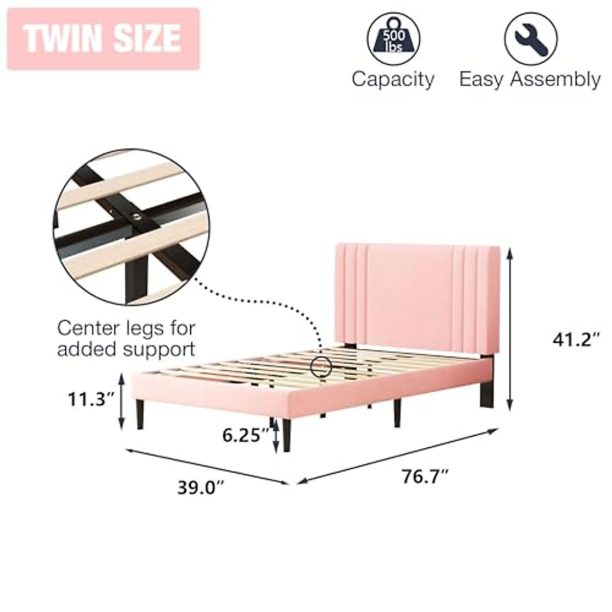 Daznzn Twin Platform Bed Frame with Headboard and No Box Spring Needed, Velvet Upholstered Bed Frame with Strong Wood Slats Support, Noise Free, Strong Weight Capacity, Easy Assembly, Pink
