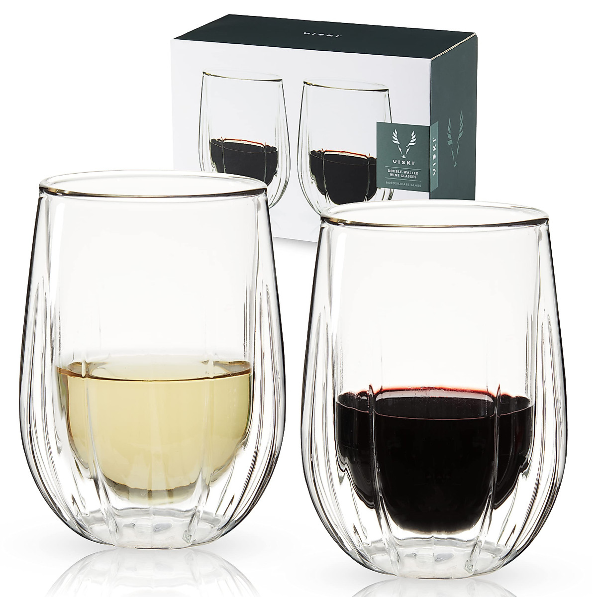Viski Insulated Double Walled Wine Set with Cut Crystal Design-Dishwasher Safe Borosilicate Glass 13oz Set of 2, Clear