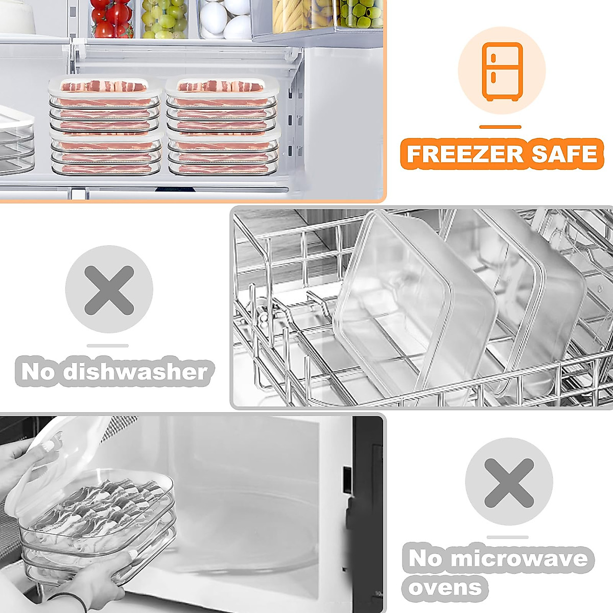 RAUWIZX 3 PCS Bacon Refrigerator Crisper with Lid, Deli Meat Cold Cut Food Storage Organizer, Plastic Bacon Crisper, Stackable Refrigerator Transparent Organizer, (FREE MEAT CUTTERS)