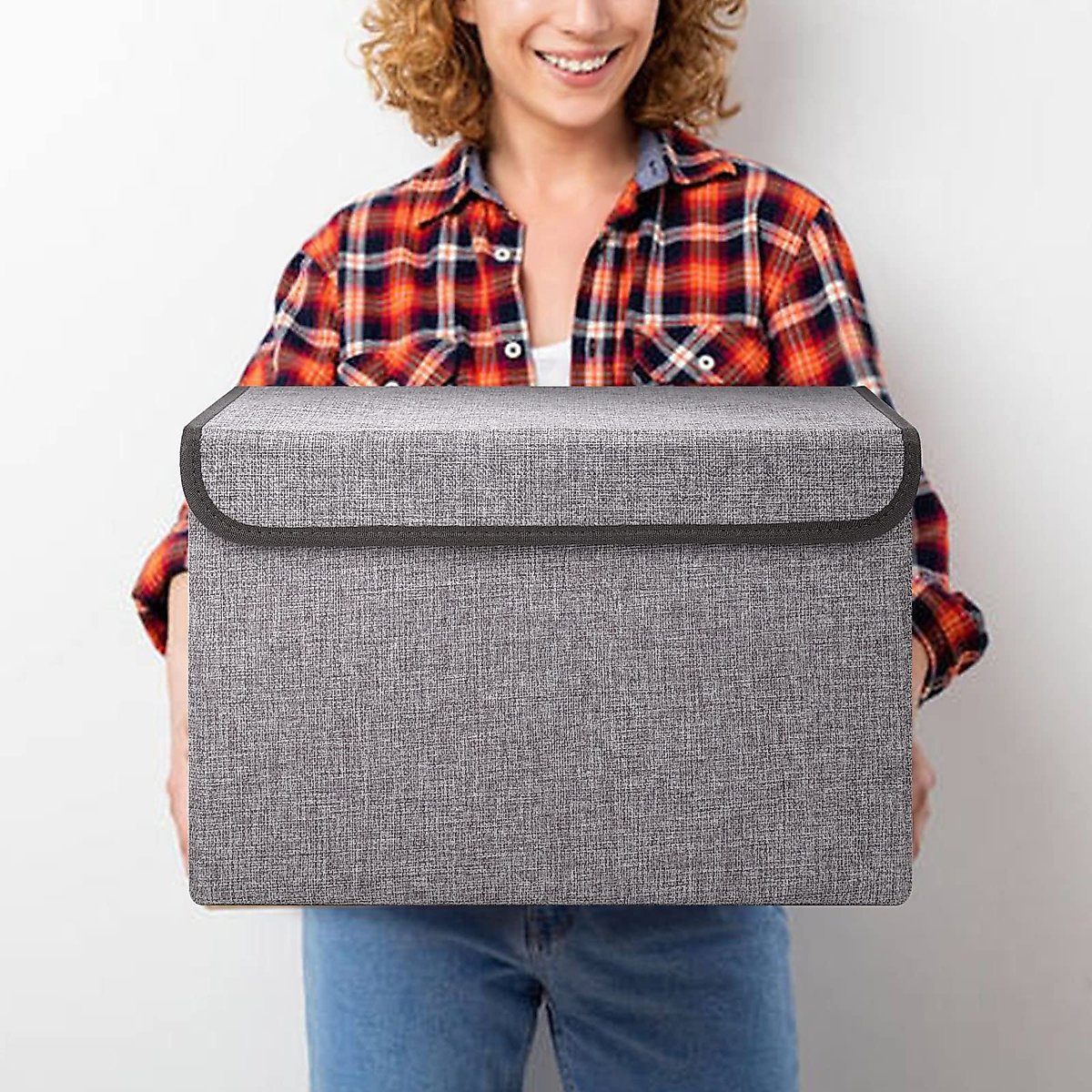 Bagnizer Large 17" 42 Quarts Collapsible Stackable Storage Bins with Lids [3-Pack] Foldable Fabric Linen Storage Boxes Cube, Closet Organizer Baskets with Label for Home (16.7 x 12 x 12, Gray)