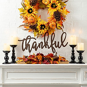 Glitzhome Autumn Harvest Table Centerpiece - Metal Thankful Sign with 24" L Artificial Floral Maple Leaves Pumpkins Pinecones and Berries Arrangement for Harvest Party Thanksgiving Fall Ornaments