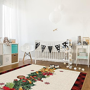 Area Rug 2.7x3 Ft Christmas Poinsettia Snowflakes Plaid Border Machine Washable Area Rugs Non Shedding Floor Carpet Rubber Backing Non-Slip Indoor Mats for Living Room Bedroom Kitchen