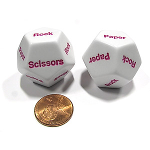 Koplow Games Set of 2 D12 12-Sided Rock, Paper, Scissors Game Dice - White with Pink Letters