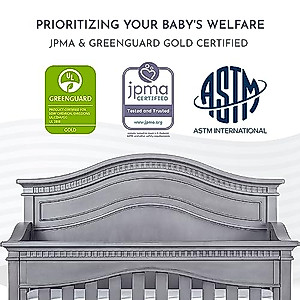 Evolur Cheyenne 5 in 1 Full Panel Convertible Crib in Storm Grey, JPMA & Greenguard Gold Certified, Crafted Out of kiln-Dried Hardwood, Features a high-Arch headboard & 3 Mattress Height Settings