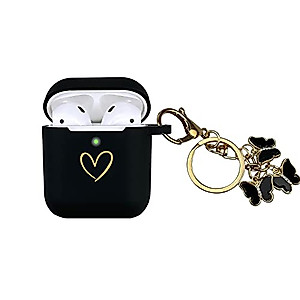 AIIEKZ Compatible with AirPods Case Cover, Soft Silicone Case with Gold Heart Pattern for AirPods 2&1 Generation Case with Cute Butterfly Keychain for Girls Women (Black)