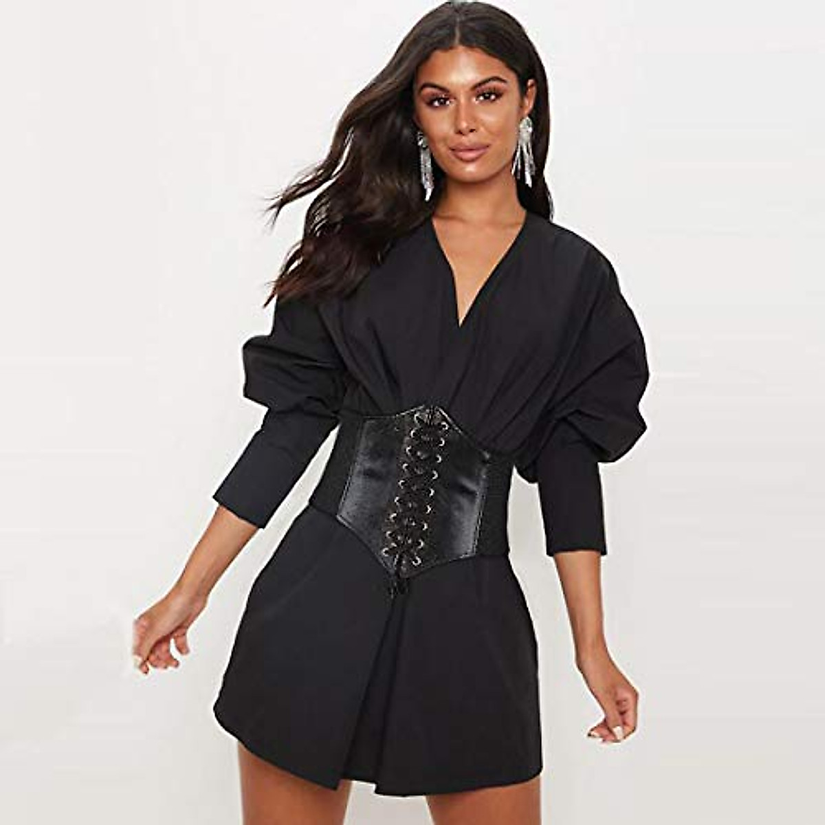 BAOKELAN Corset Belt for Women Wide Elastic Belts for Dresses Lace-up Tied Leather Waist Belts 85cm Black