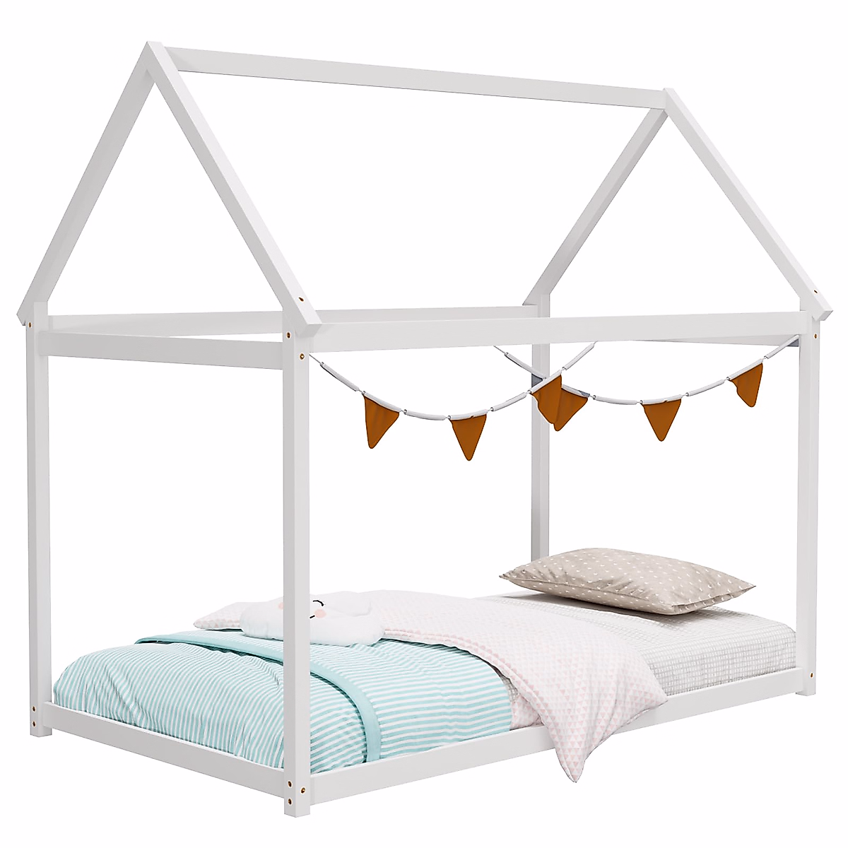 Giantex Twin House Bed, Wood Montessori Bed Frame with House Roof Canopy, Low Floor Bed with Sturdy Wood Slat Support, No Box Spring Needed, Twin Playhouse Bed for Kids Teens Boys Girls (White)