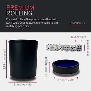 Luck Lab Black Leather Dice Cup with Lid Including 6 Matching Pearl Dice - Blue Velvet Interior for Quiet Shaking - Use for Liars Dice Farkle Yahtzee Board Games, Black