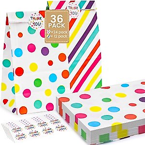 JOHOUSE 36PCS Party Favor Bags, Treat Bags with Stickers Colorful Stripe Dot Gift Bags for Kids Birthday Party Baby Showers 4.7" x 3.1" x 8.7"