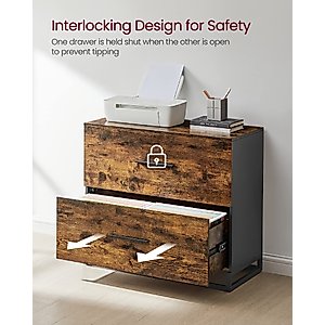 VASAGLE Lateral File Cabinet, Home Office Printer Stand, 2-Drawer Filing Cabinet, with Anti-tip Interlocking Mechanism, for A4, Letter-Size, Legal-Size Hanging Files, Rustic Brown and Black UOFC053B01