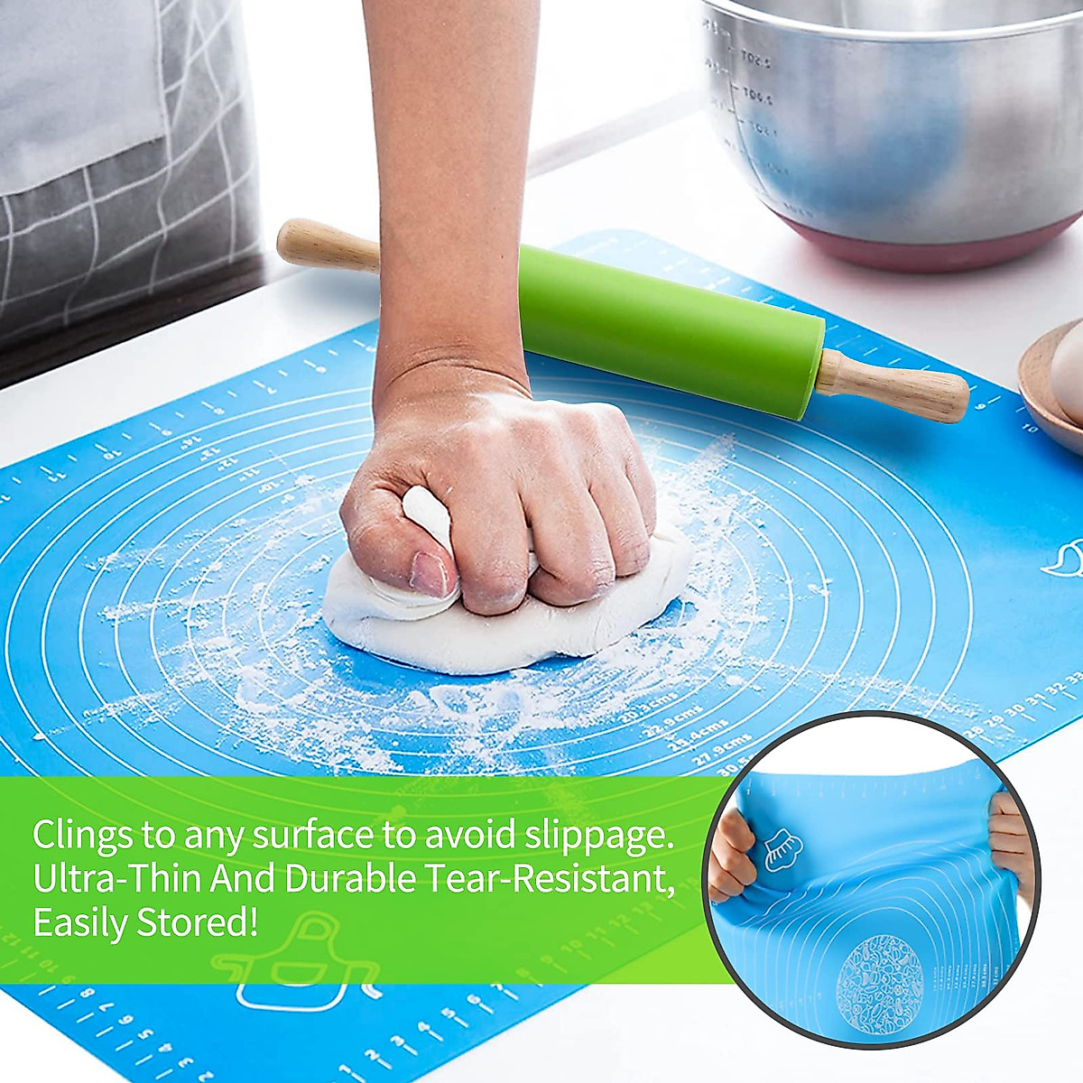 Non Stick Rolling Pin & Extra Large Silicone Baking Mat "25 X 18" Non-Stick Pastry Mat a free Silicone Spatula, Non-stick Silicone Dough Rollers Set with Measurements Kneading Pastry Mat