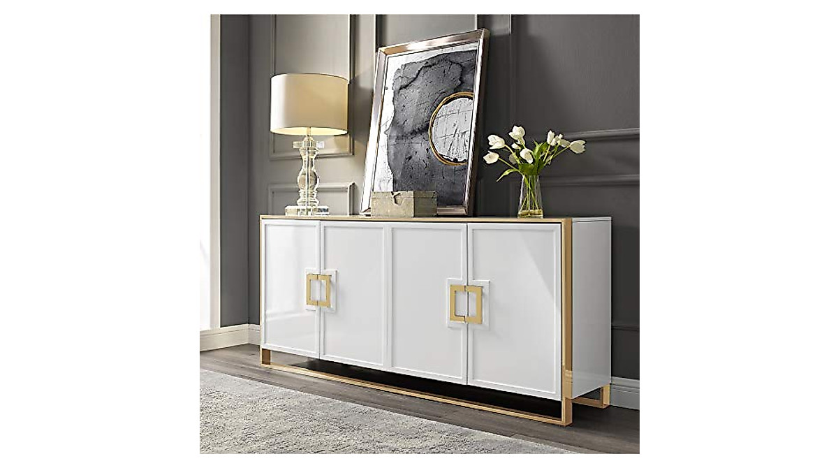 Inspired Home 4-Door Sideboard in White with Gold Accents