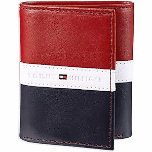 Tommy Hilfiger Big Skinny Wallet - Leather Wallets for Men Slim Thin Trifold with RFID Blocking Security and ID Window, Red/White/Blue, One Size