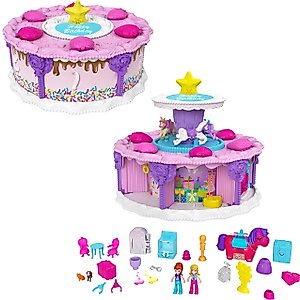 Polly Pocket 2-in-1 Playset, Unicorn Toy with 2 Micro Dolls & 25 Surprise Accessories, Birthday Cake Countdown