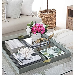 HofferRuffer Extra Large Square Serving Tray, Elegant Faux Leather Ottoman Tray with Gold Hardware Handles, Serve Tea, Coffee or Breakfast in Bed, 23.6 x 23.6 inches (Large Square)