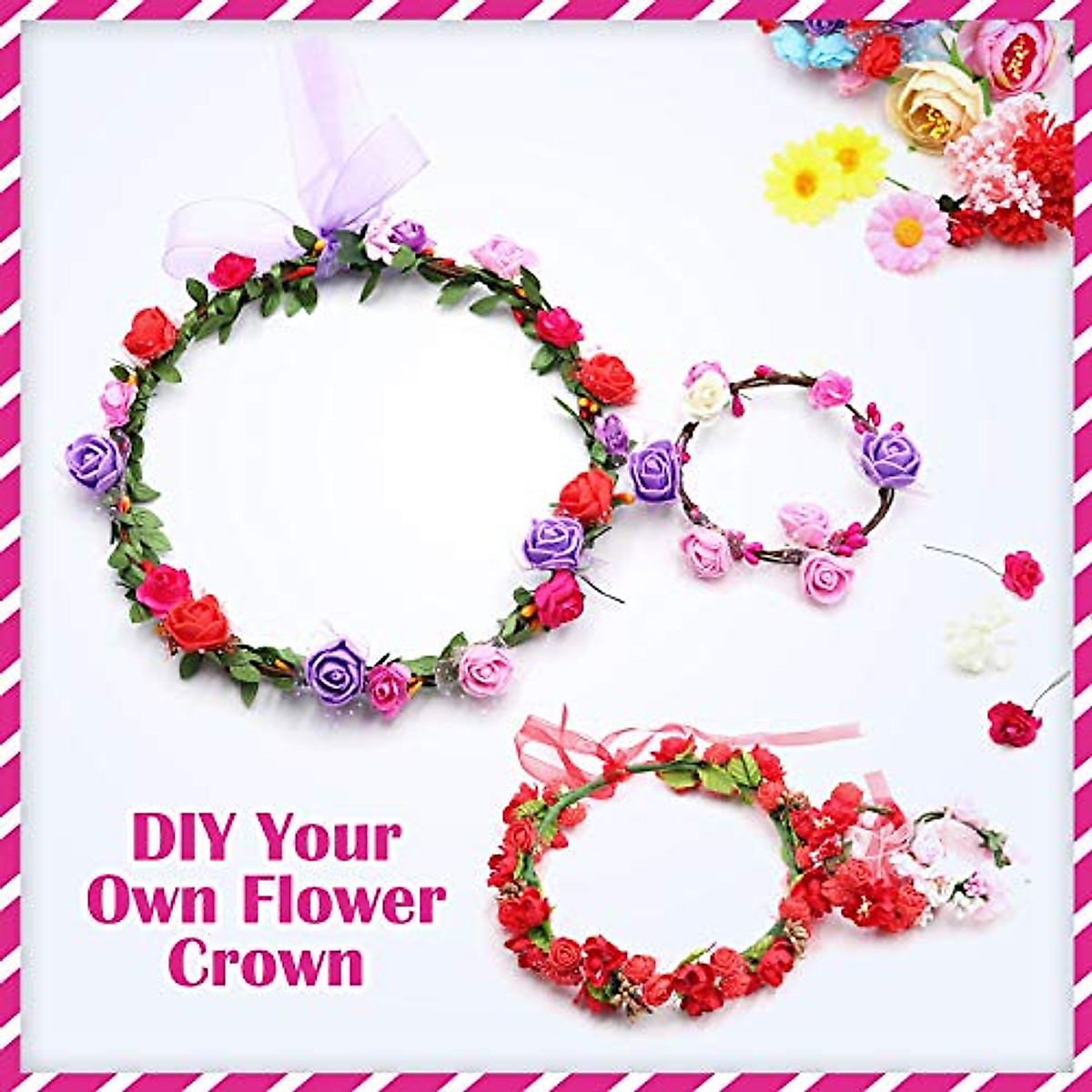 Loycyoec Flower Crowns Kit for Girls, Make Your Own Flower Crowns and Bracelets, Handmade Flower Crown Wreath Headbands, DIY Fairy Flower Headbands for Girls Gift