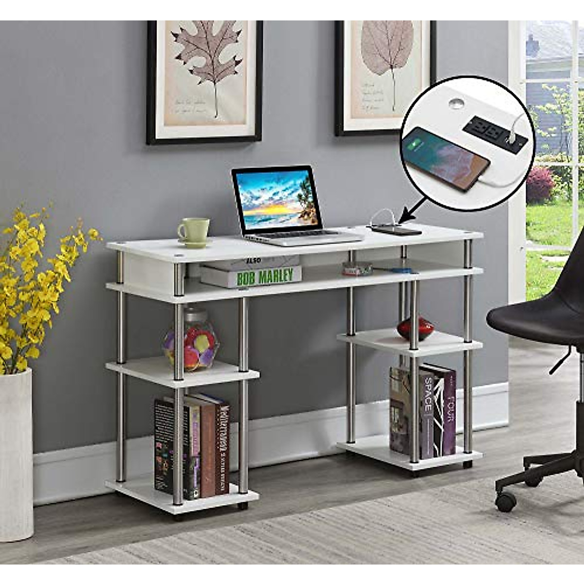 Convenience Concepts Designs2Go No Tools Student Desk with Charging Station and Shelves, White