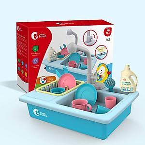 CUTE STONE Color Changing Kitchen Sink Toys, Children Electric Dishwasher Playing Toy with Running Water, Upgraded Faucet, Automatic Water Cycle System Play House Pretend Role Play Toys for Boys Girls