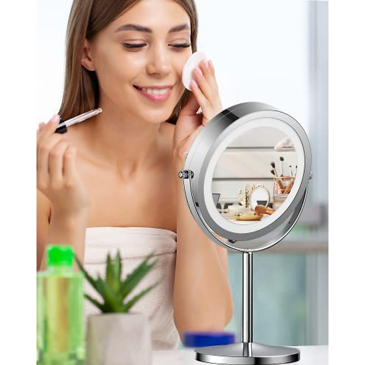 Gospire 1x/10x Magnifying Lighted Makeup Mirror Double Sided Round Standing 360 Degree Swivel Vanity Mirror for Shaving Bathroom Battery Operated 7 Inch Diameter (Silver-Button Switch)