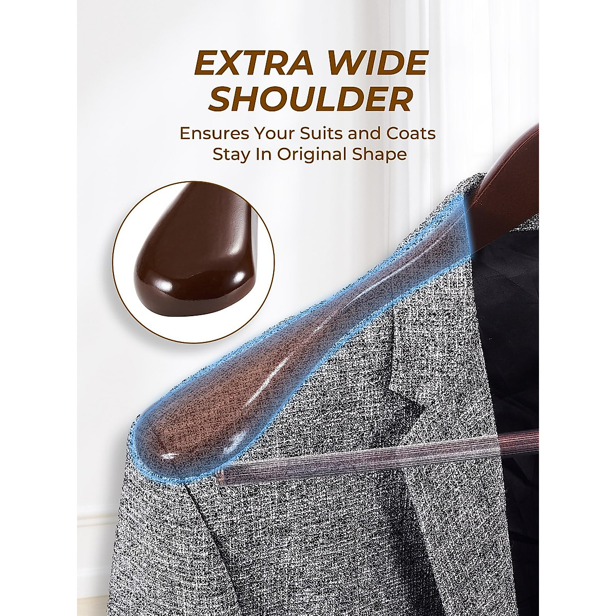 HOUSE DAY Wide Shoulder Wooden Hangers, Wood Suit Hangers with Non Slip Pant Holder, Heavy Duty Coat Hangers for Closet, Wooden Clothes Hangers for Suits, Coats, Jackets, Shirts (6 Pack, Walnut)