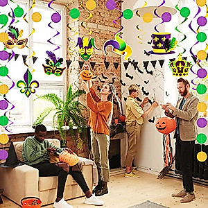 Mardi Gras Hanging Decorations - Mardi Gras Garland Crown Mask Sign for Masquerade Party Decorations Gold Green Purple Foil Swirl New Orleans Celebration Mardi Gras Party Supplies