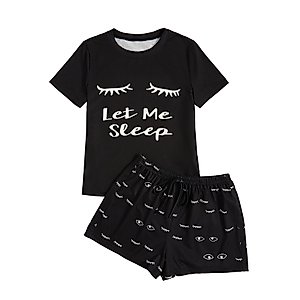 WDIRARA Women's Cute Cartoon Print Closed Eyes Print Tee and Shorts Pajama Set Black M