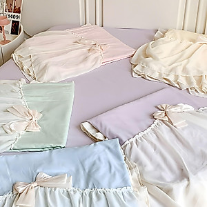 Rvciby Girls Pink Bow Duvet Cover Full Size,3PCS Soft Microfiber Bedding Set,Romantic French Bedding with Chiffon Lace and Cute Bows,Corner Ties&Zipper Closure (79"x90"-1 Duvet Cover,2 Pillow Cases)